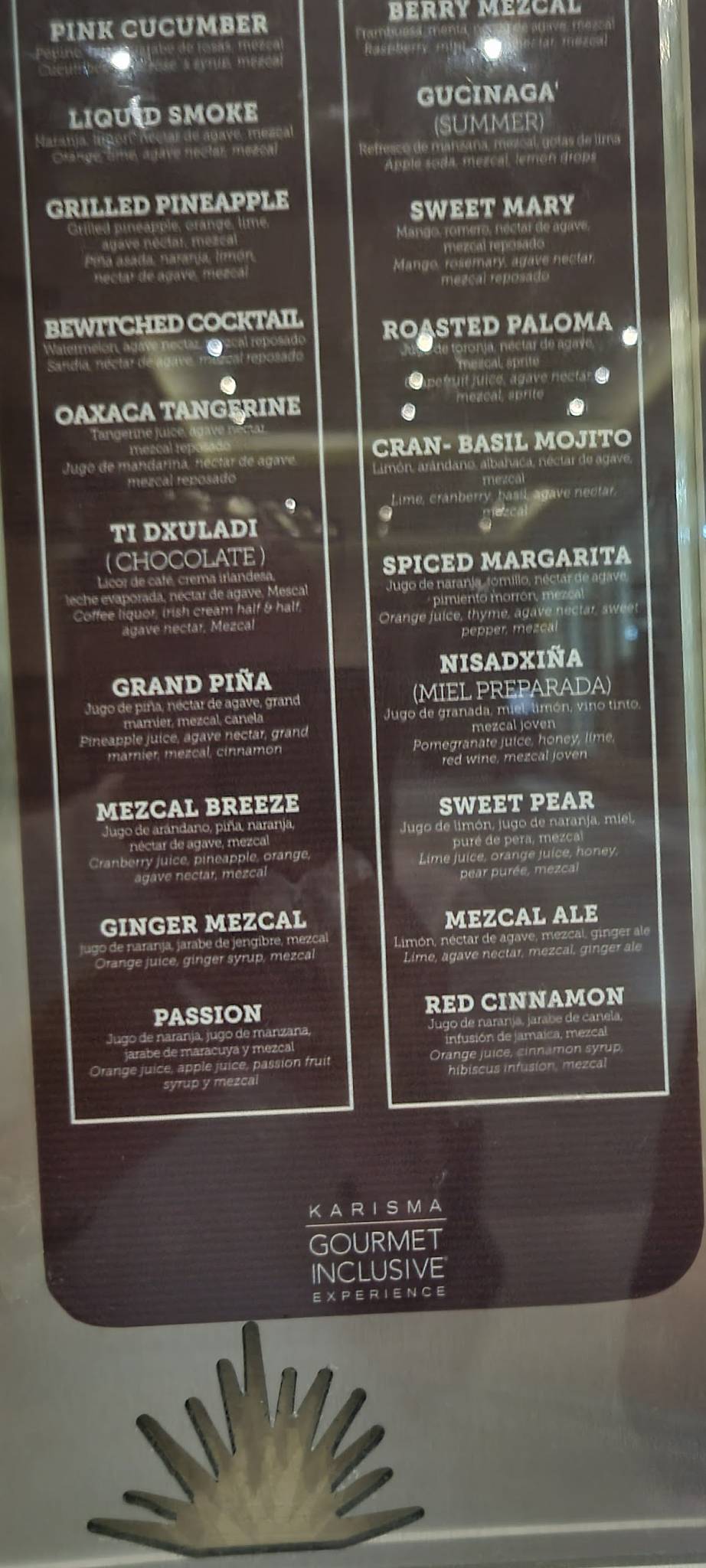 Menu at Klay Talay restaurant, Mexico