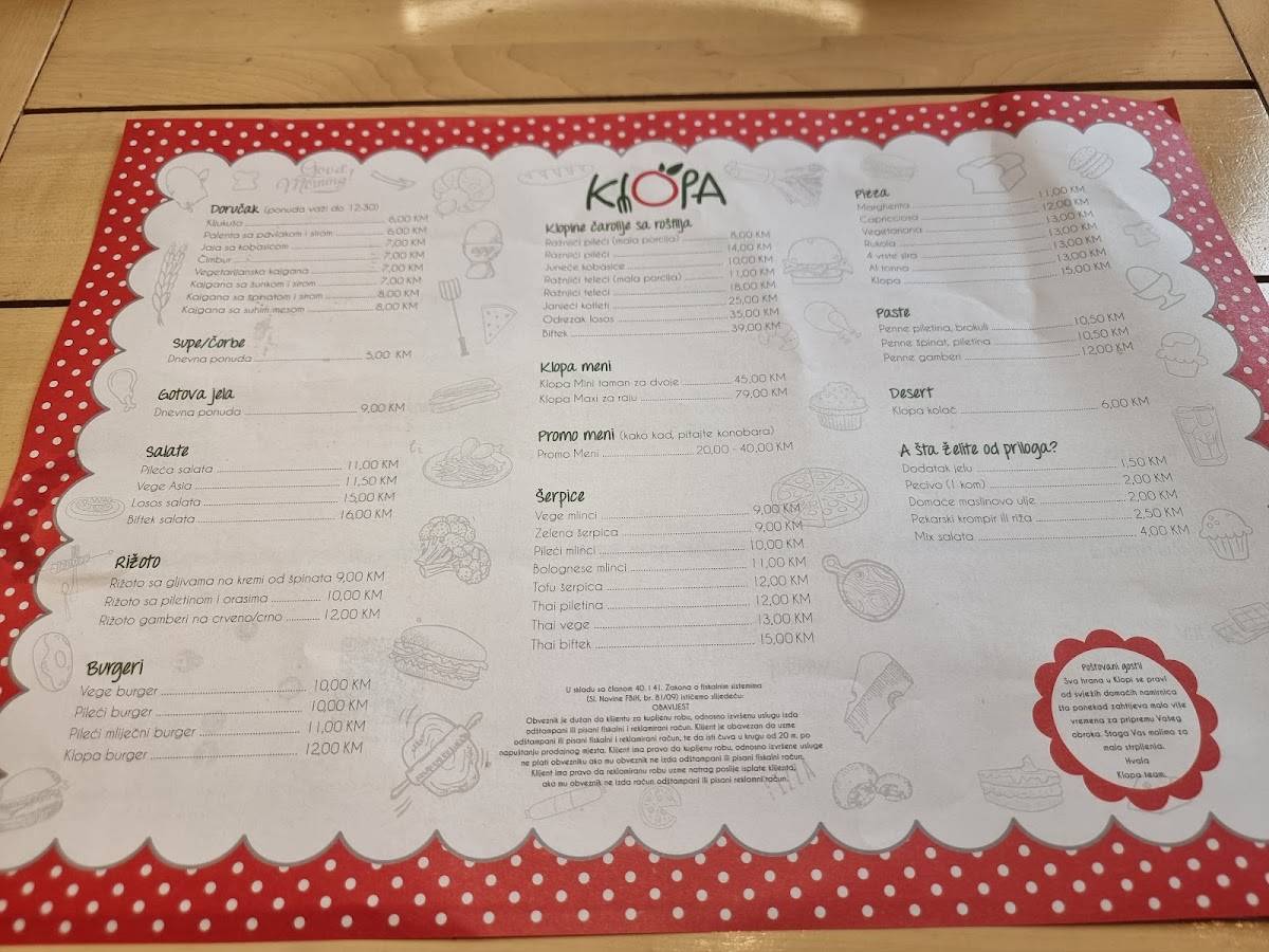 Menu at Klopa restaurant, Sarajevo