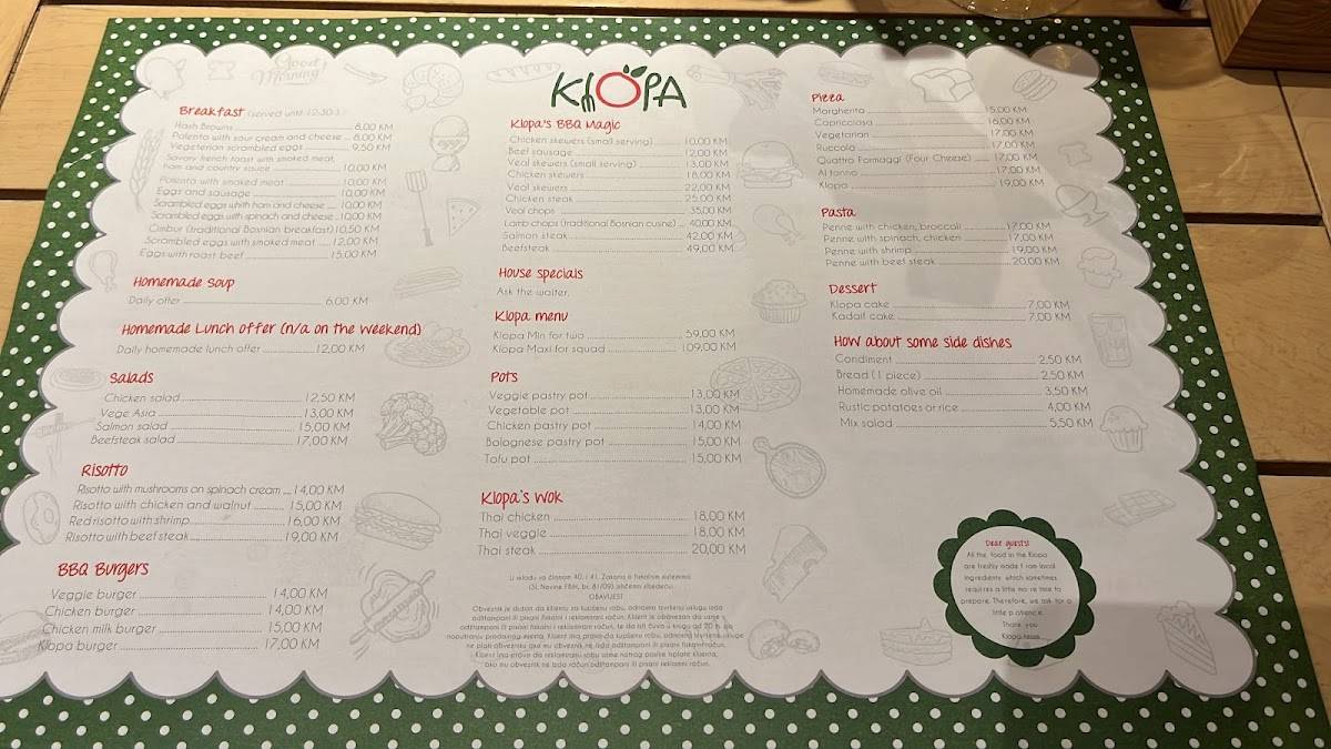 Menu at Klopa restaurant, Sarajevo