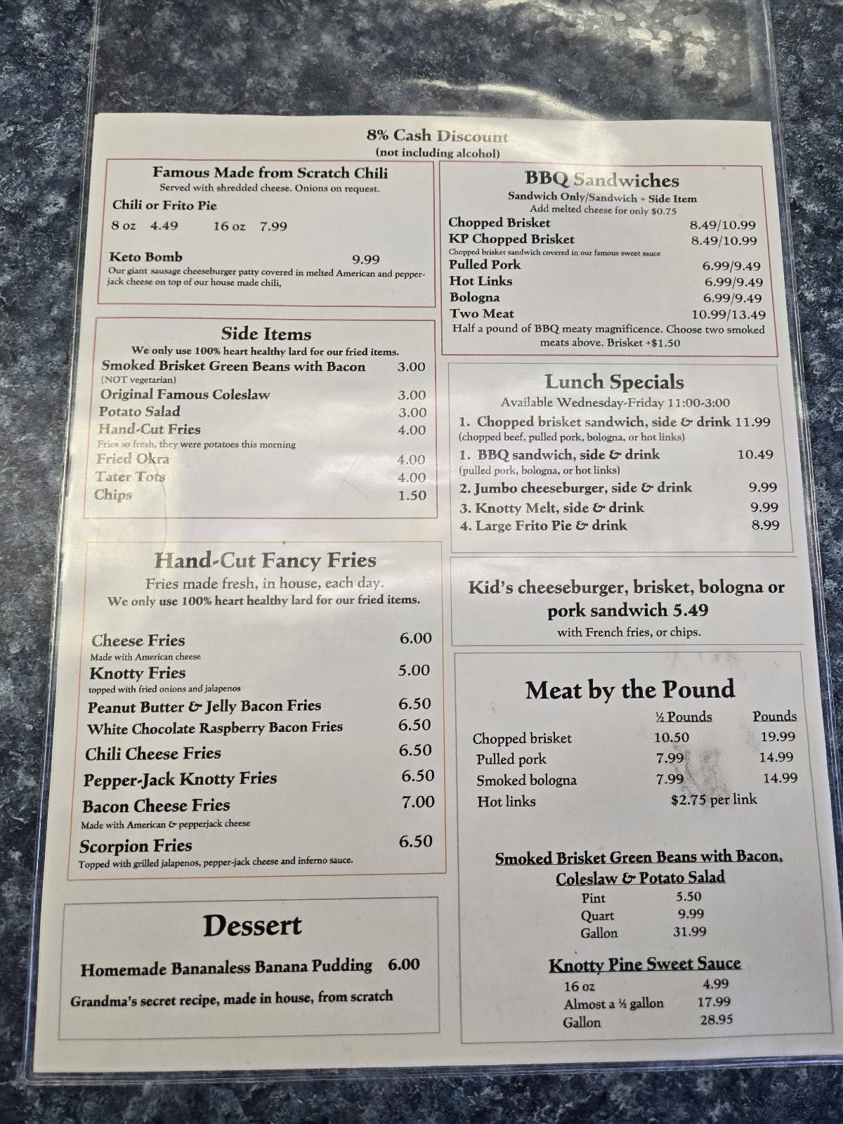 Menu at Knotty Pig BBQ, Burger & Chili House, Tulsa