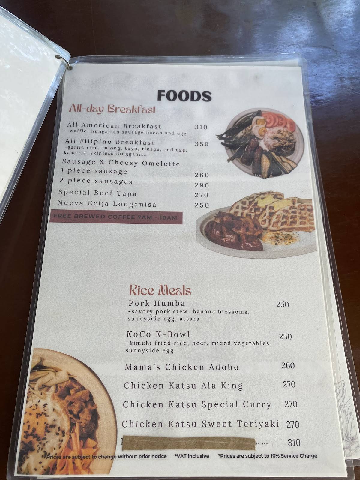 Menu at KoCo Cafe, Baguio