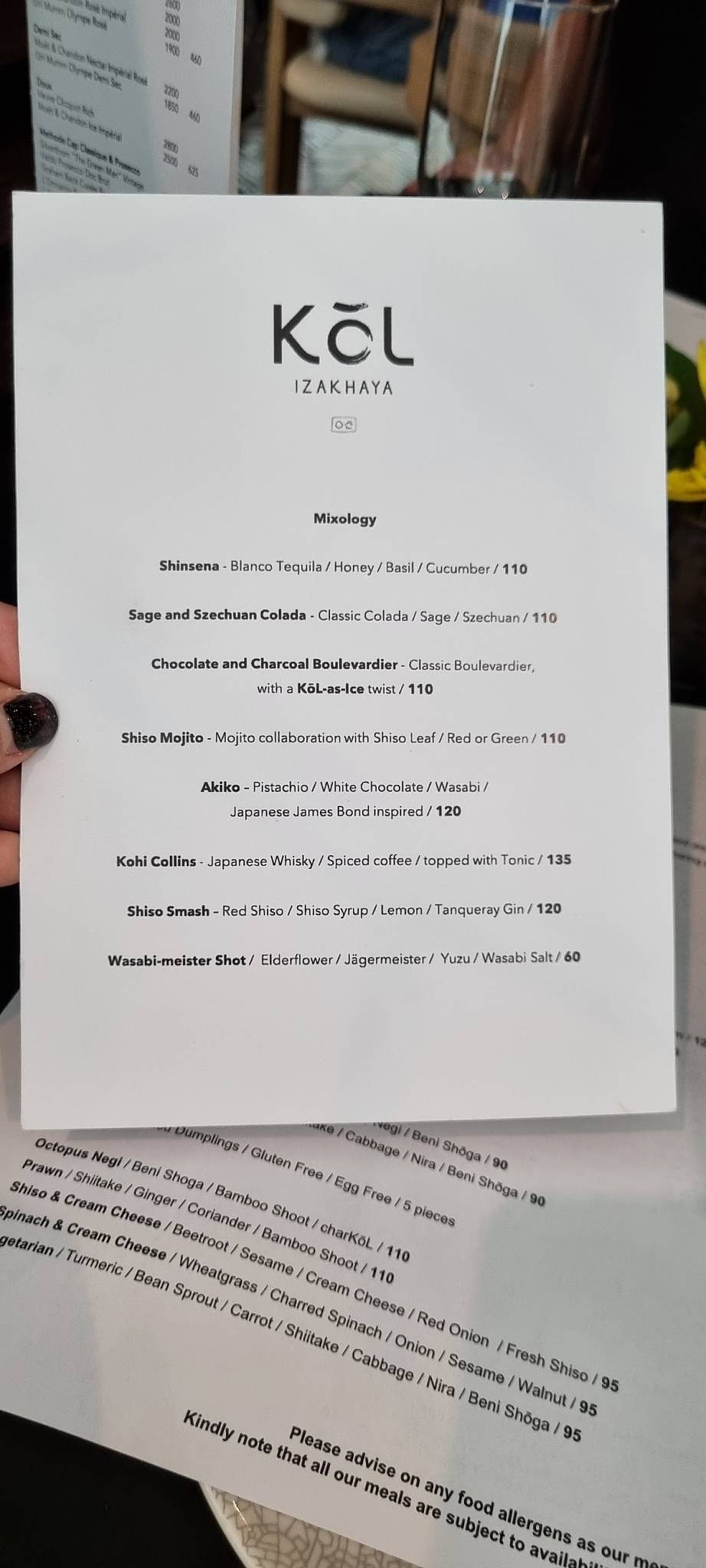 Menu at KōL Izakhaya restaurant, Sandton