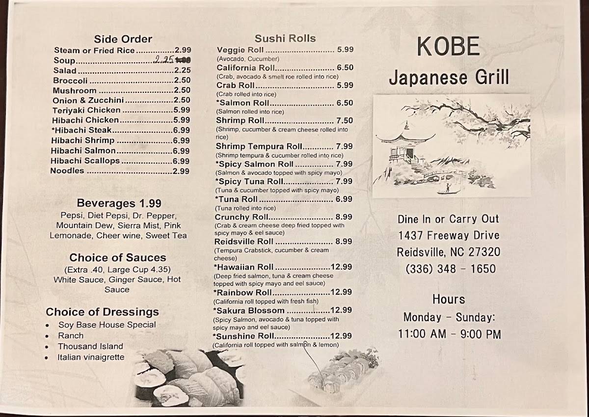 Menu at Kobe Japanese Grill restaurant, Reidsville