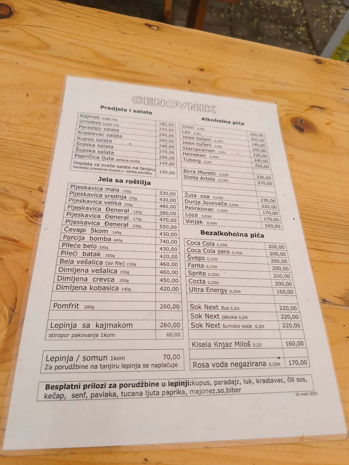 Menu at Kod Djenerala restaurant, Pancevo