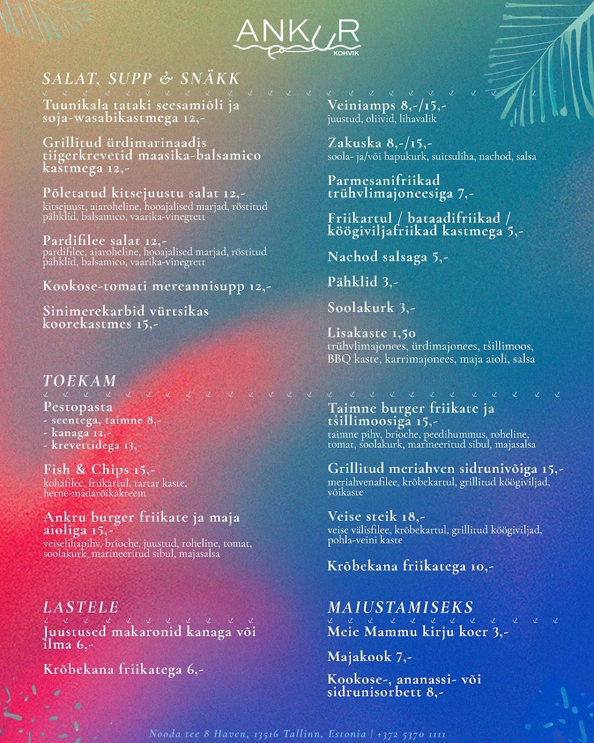 Menu at Kohvik Ankur cafe, Tallinn