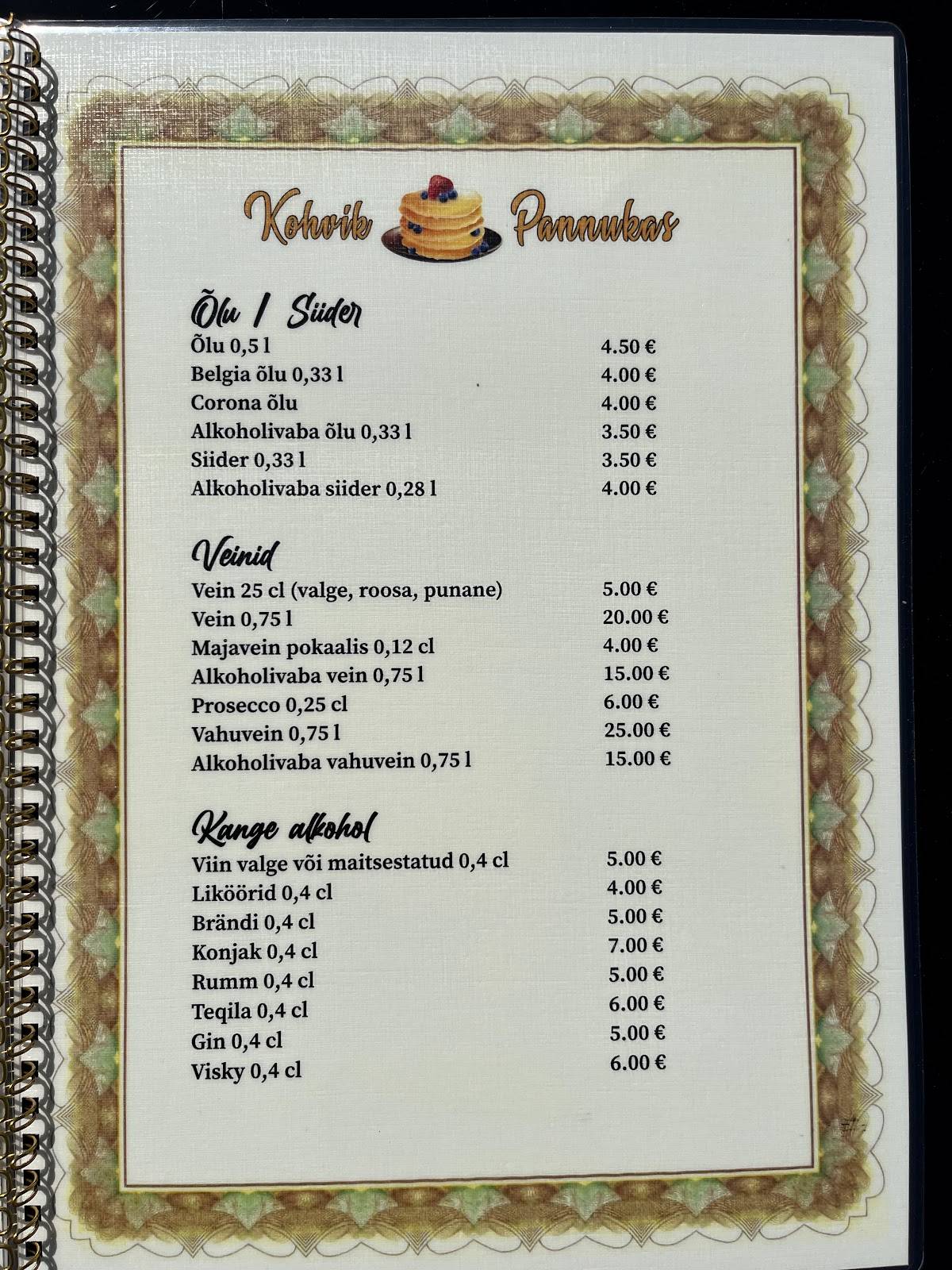 Menu at Kohvik Pannukas restaurant, Võru
