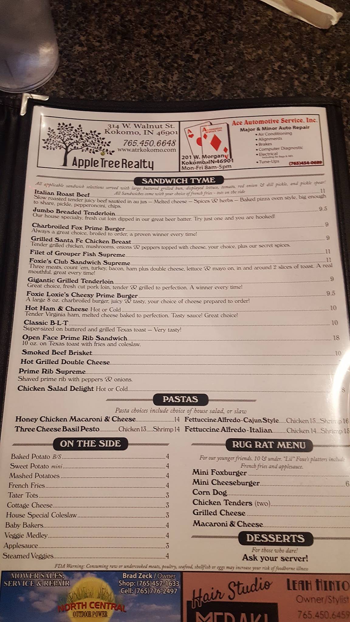 Menu at THE FOXES TRAILS pub & bar, Kokomo