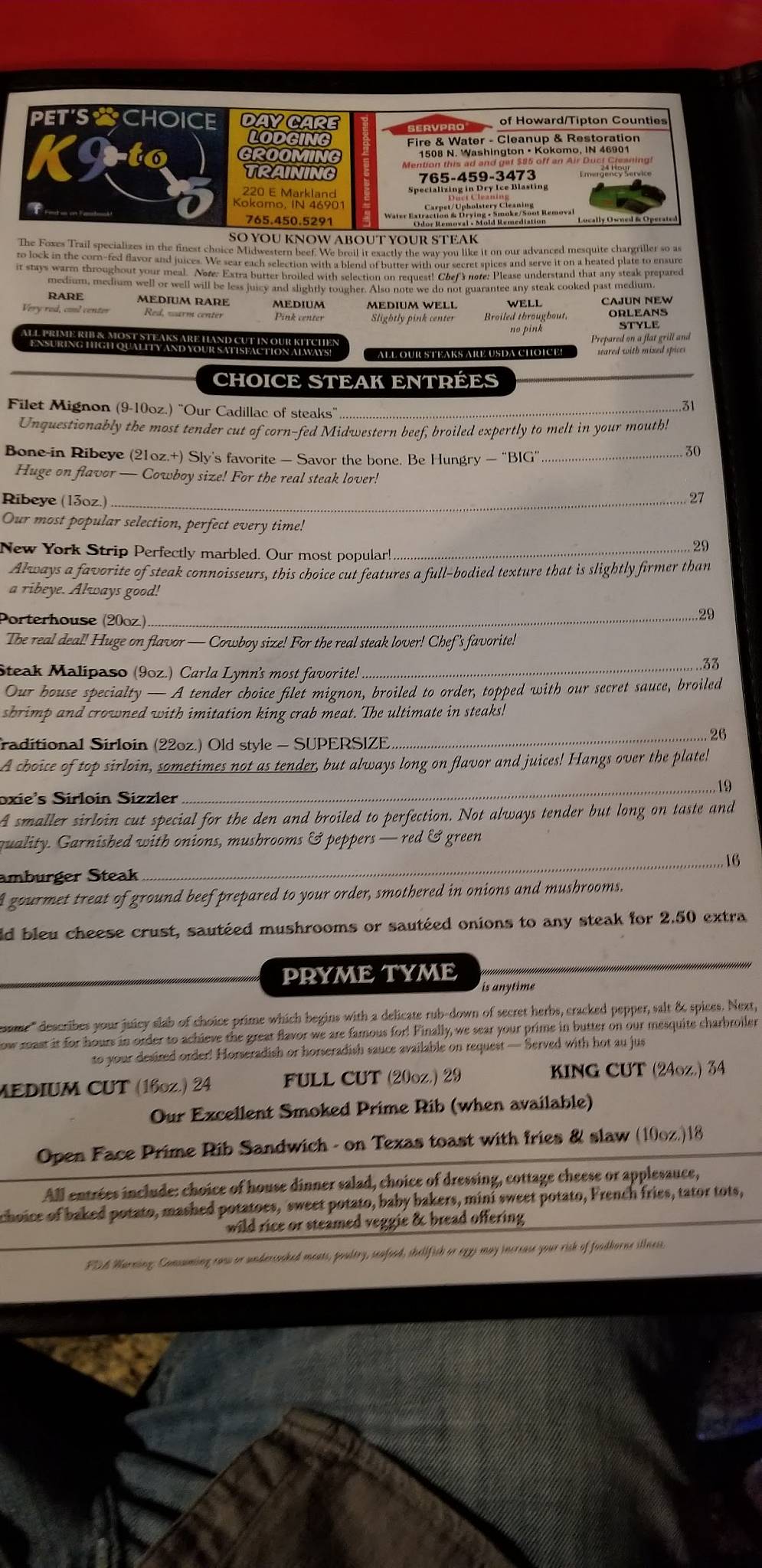 Menu at THE FOXES TRAILS pub & bar, Kokomo