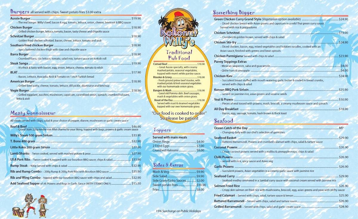 Menu at Kokonut Willys @ The Grand Hotel restaurant, Labrador