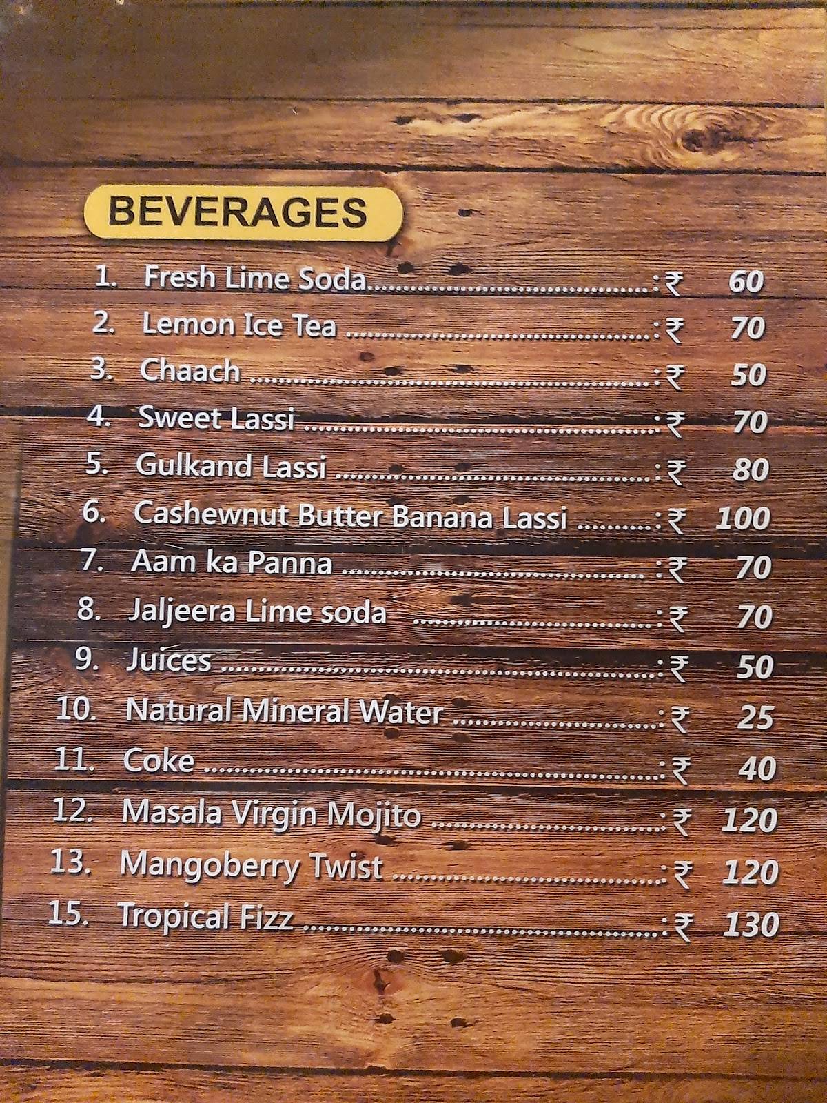 Menu at K, Kolkata