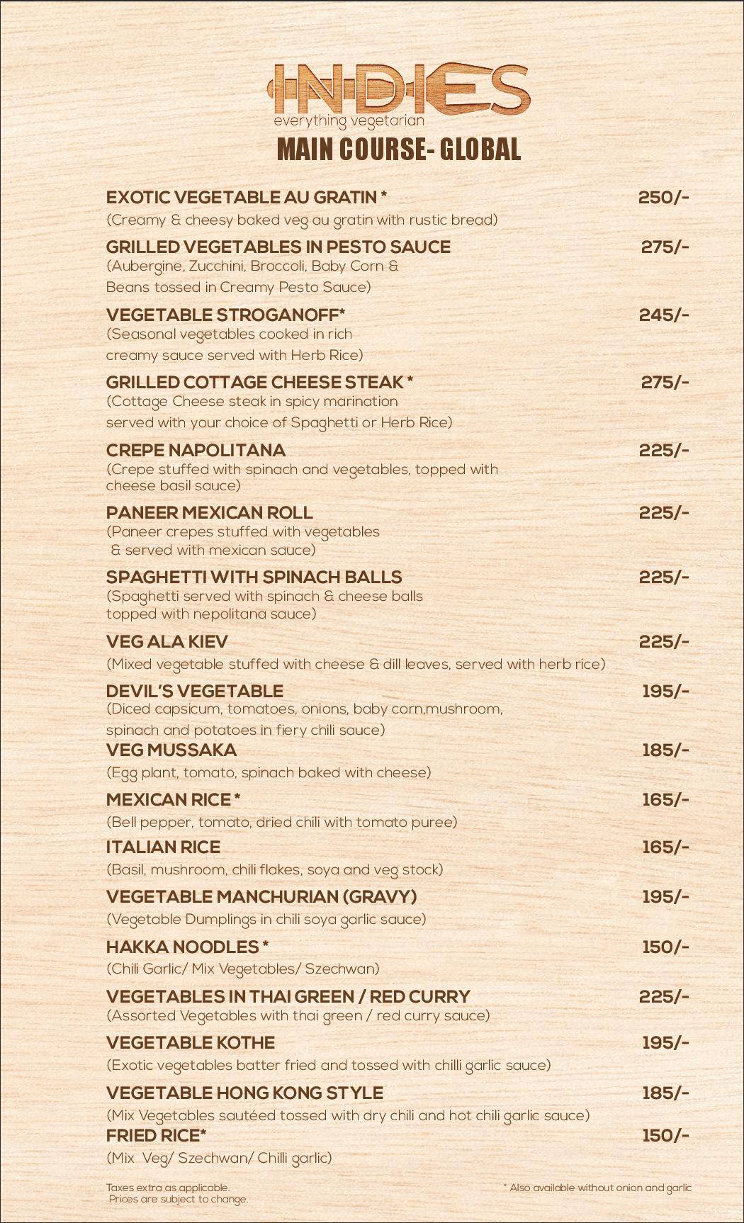 Menu at Indies, Kolkata