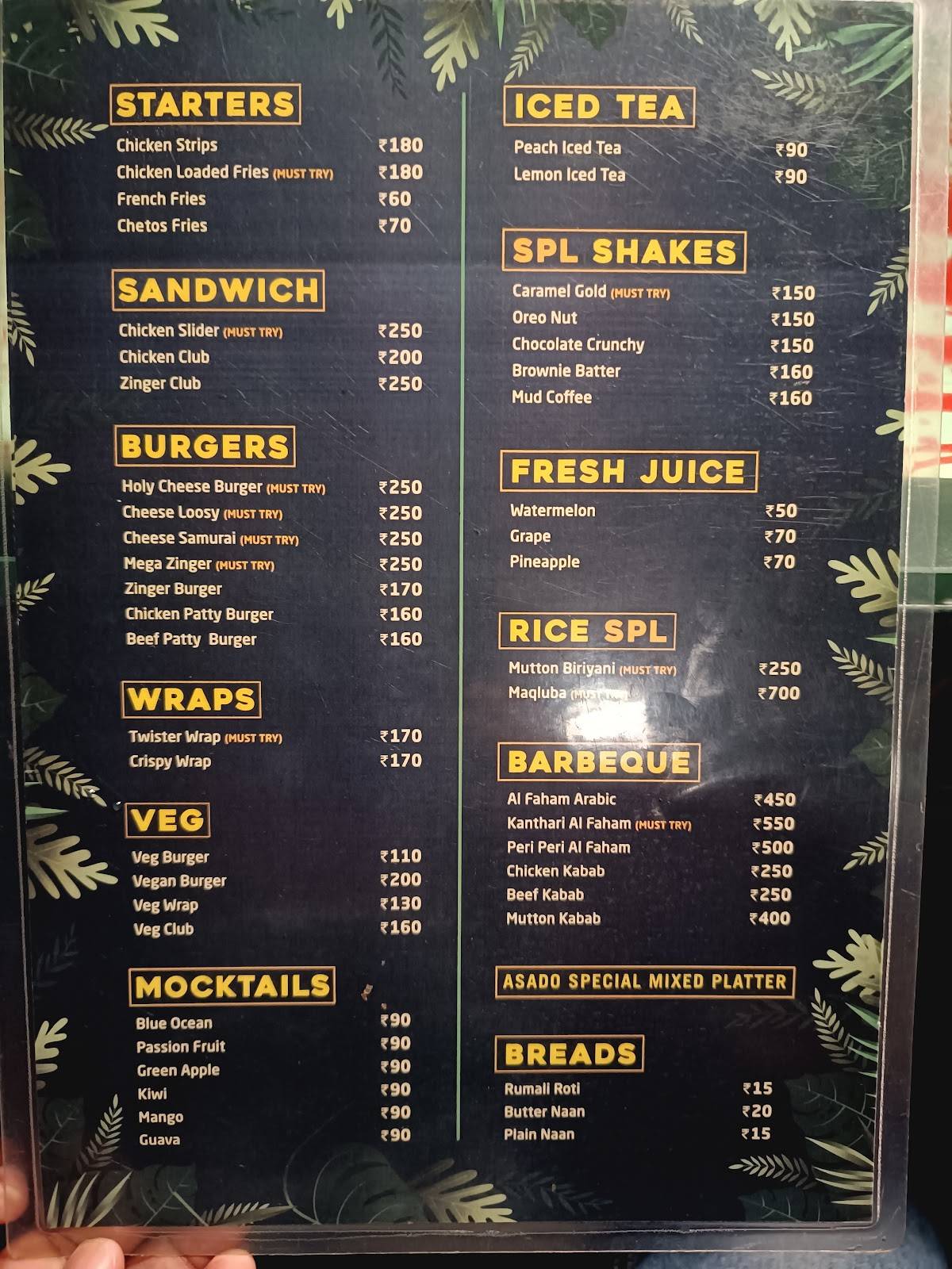 Menu at Asado Cafe, Kollam