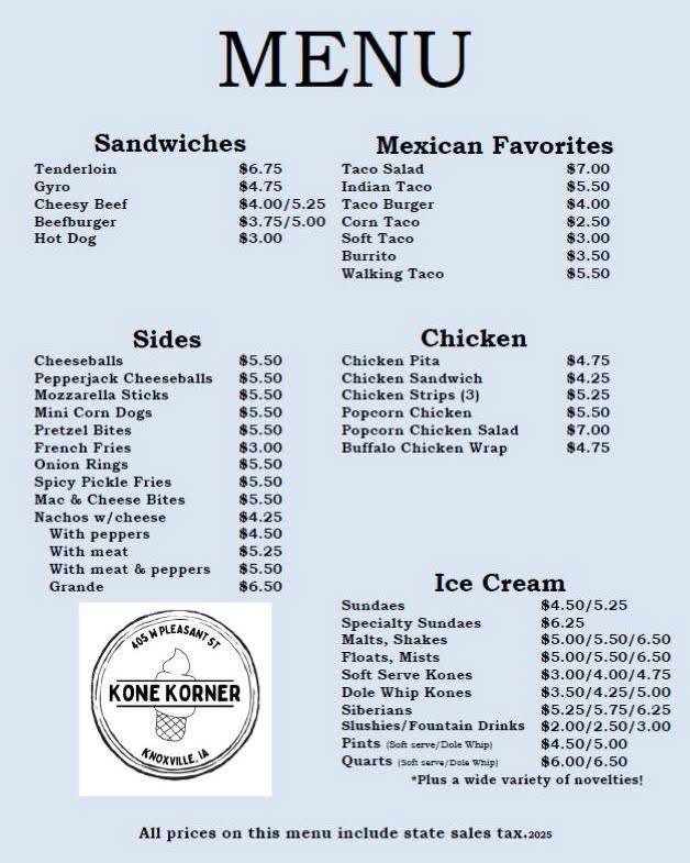 Menu at Kone Korner restaurant, Knoxville