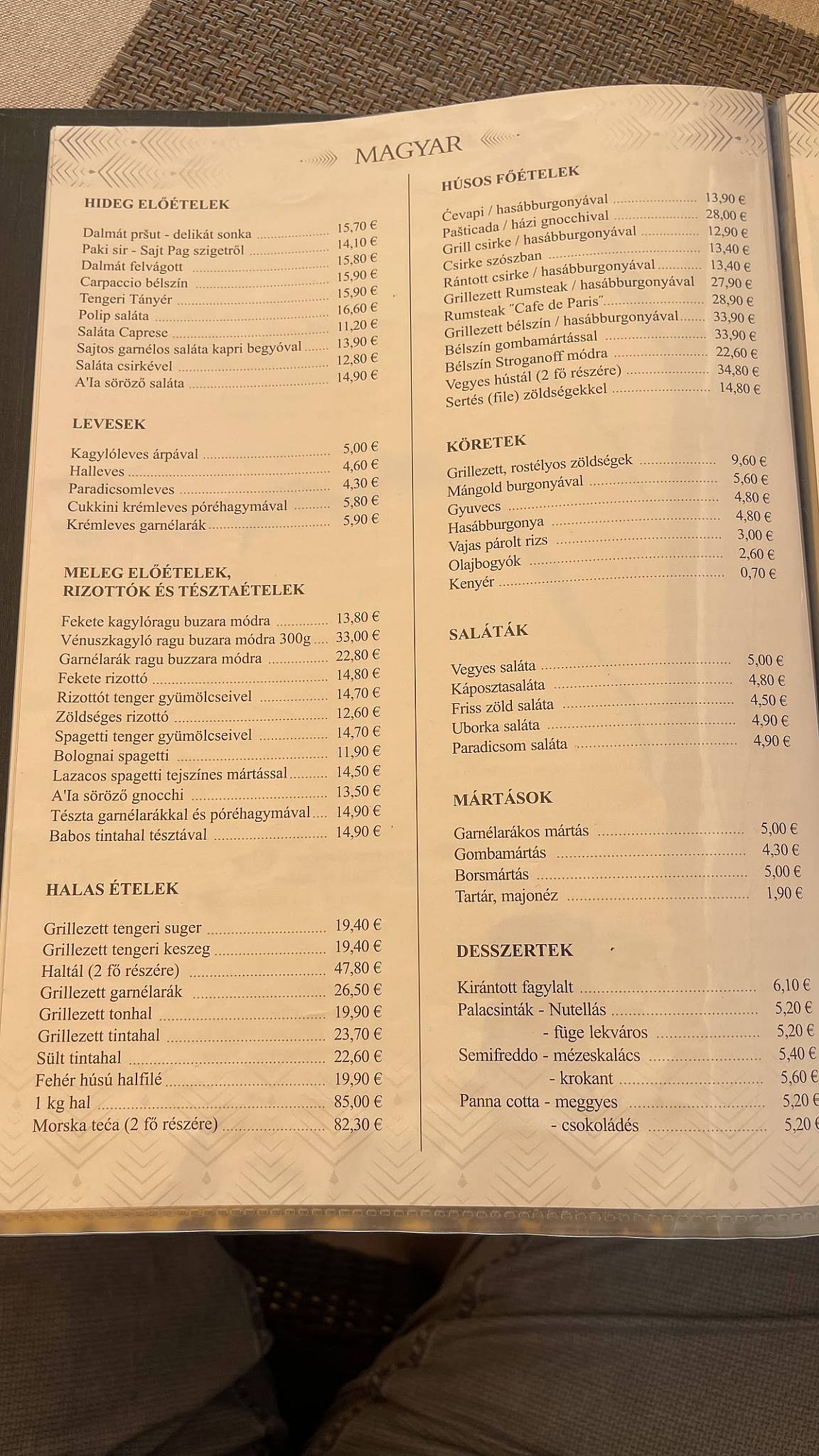Menu at Konoba Toma restaurant, Trogir