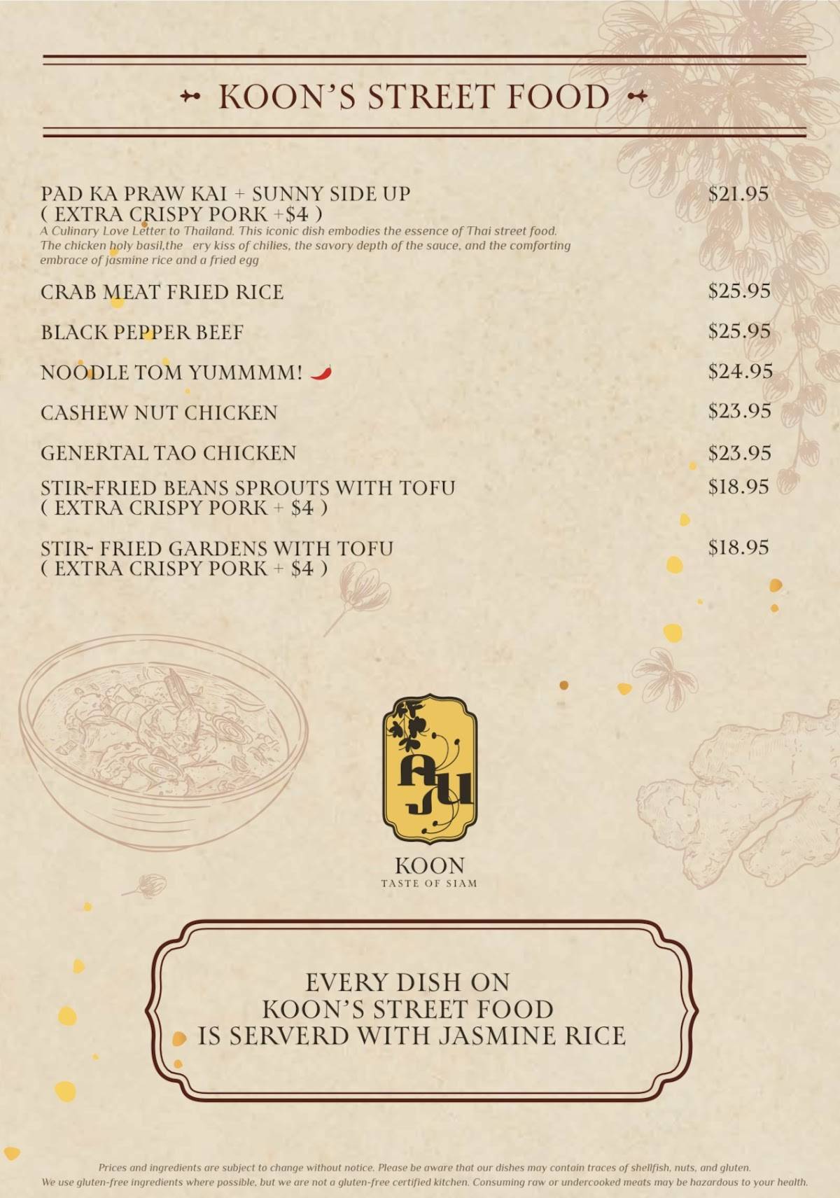 Menu at Koon Taste of Siam restaurant, New York City, 230 7th Ave
