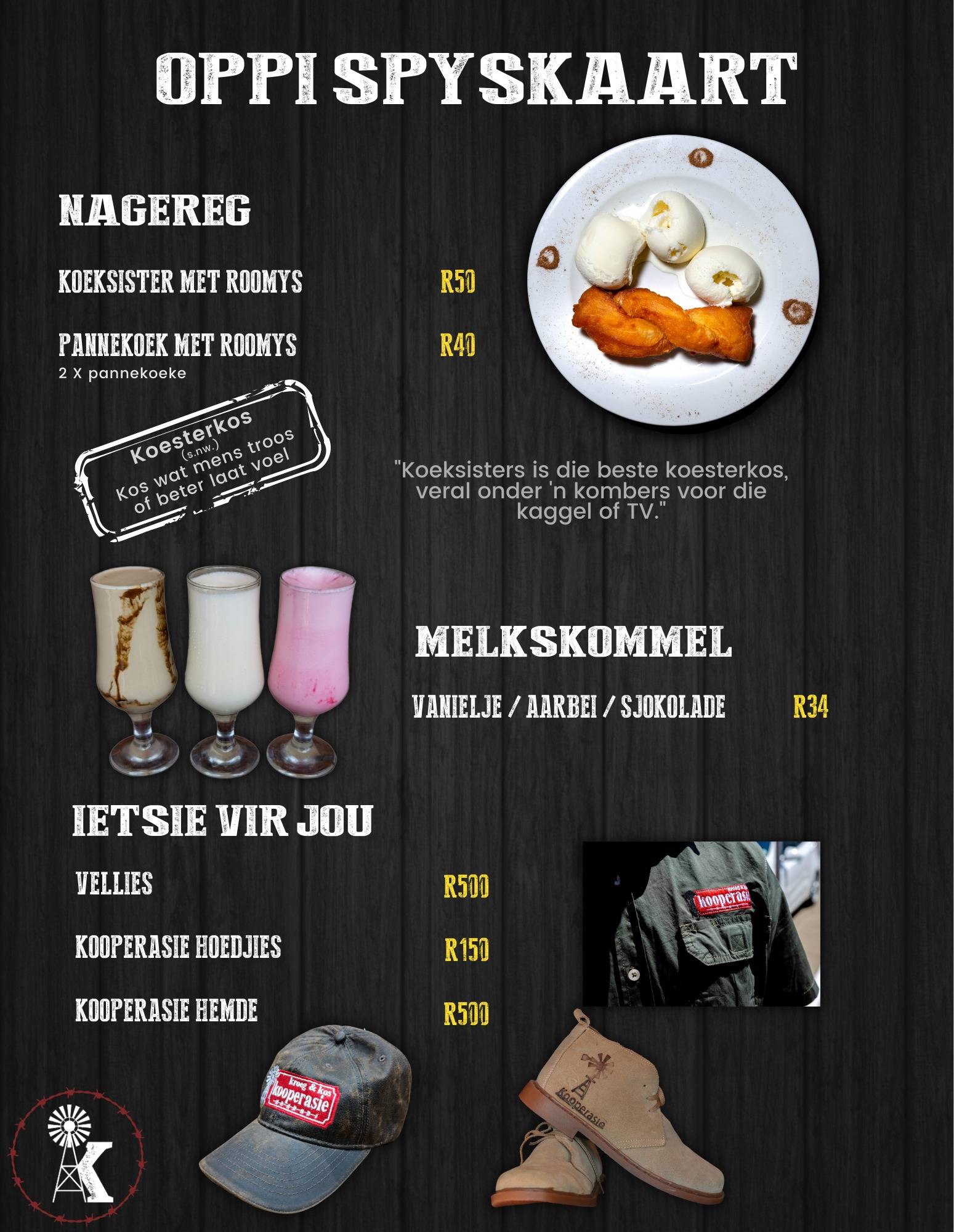 Menu at Kooperasie Kroeg & Kos restaurant, Potchefstroom