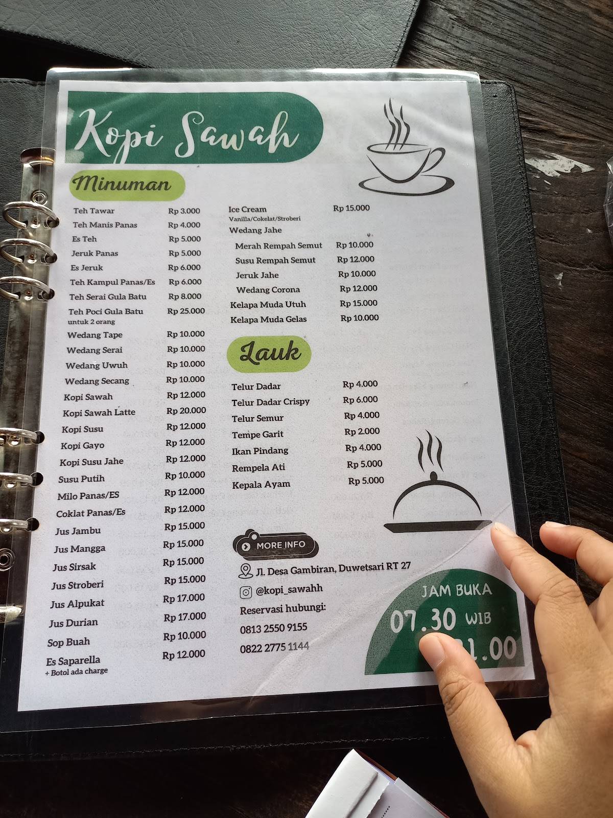 Menu at Kopi Sawah restaurant, Sardonoharjo