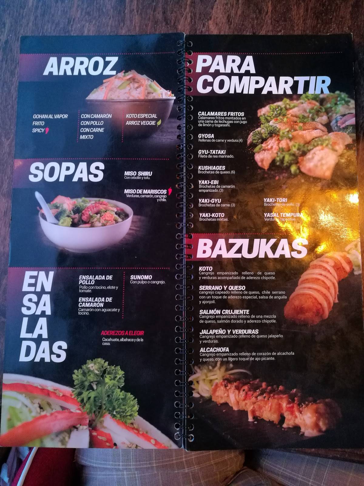 Carta de Koto sushi bar Revolución, Monterrey, Av. Revolución 3803