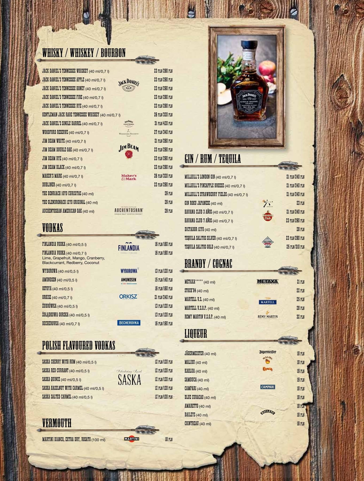 Menu at Sioux steakhouse, Kraków