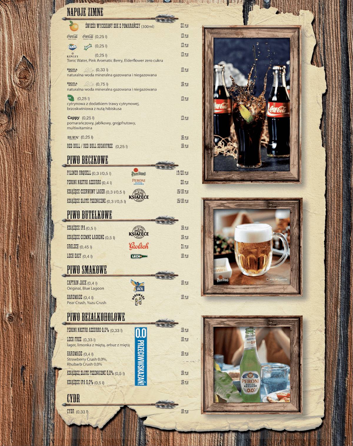 Menu at Sioux steakhouse, Kraków