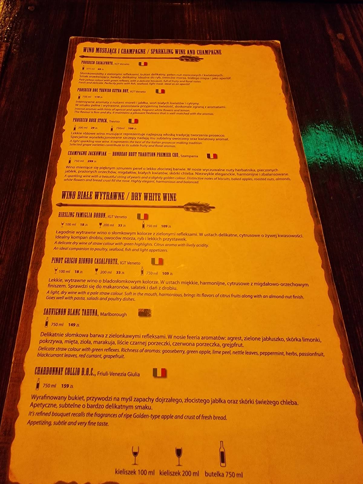 Menu at Sioux steakhouse, Kraków