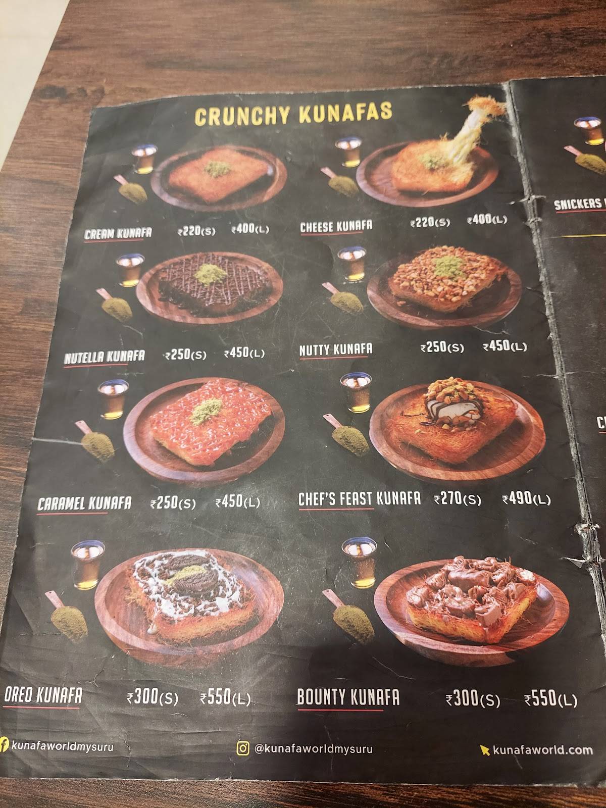 Menu at Kunafa World, Mysuru