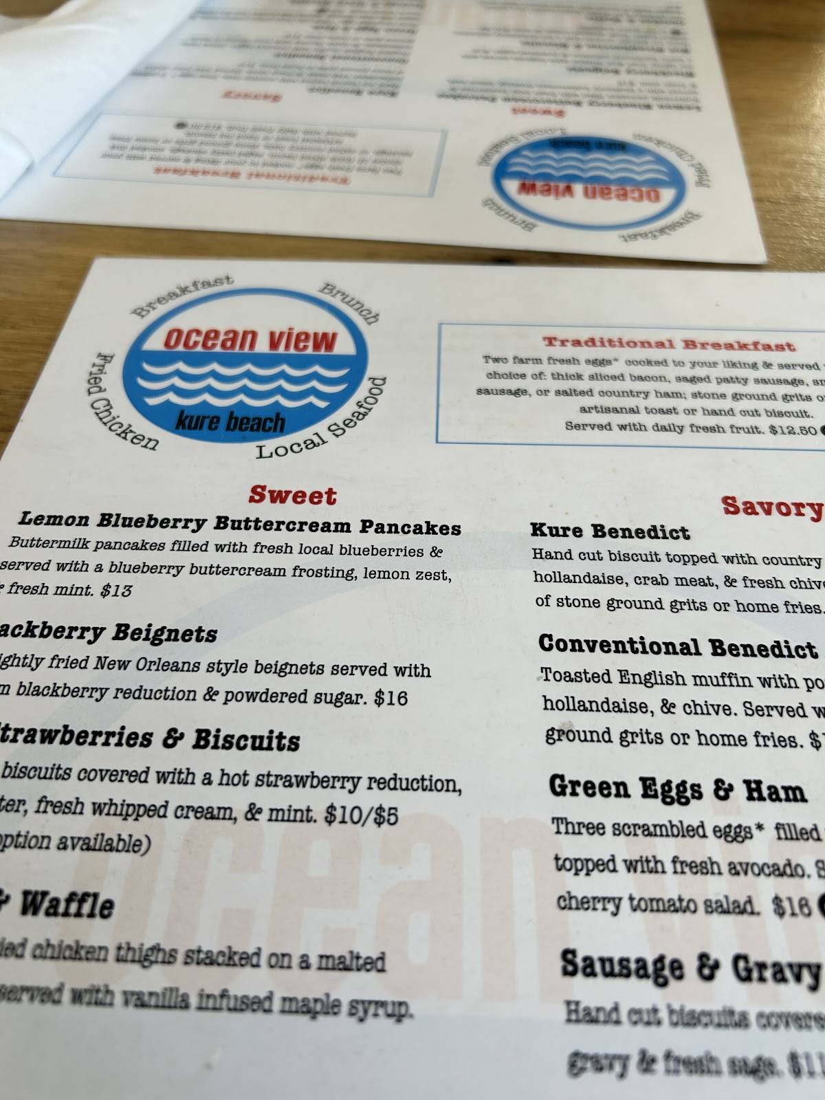 Menu at Ocean View Restaurant, Kure Beach, 101 K Avenue
