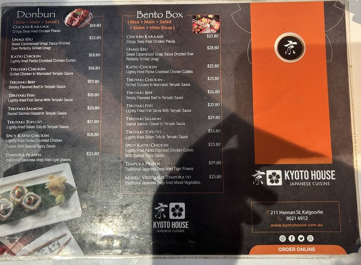 Menu at Kyoto House restaurant, Kalgoorlie