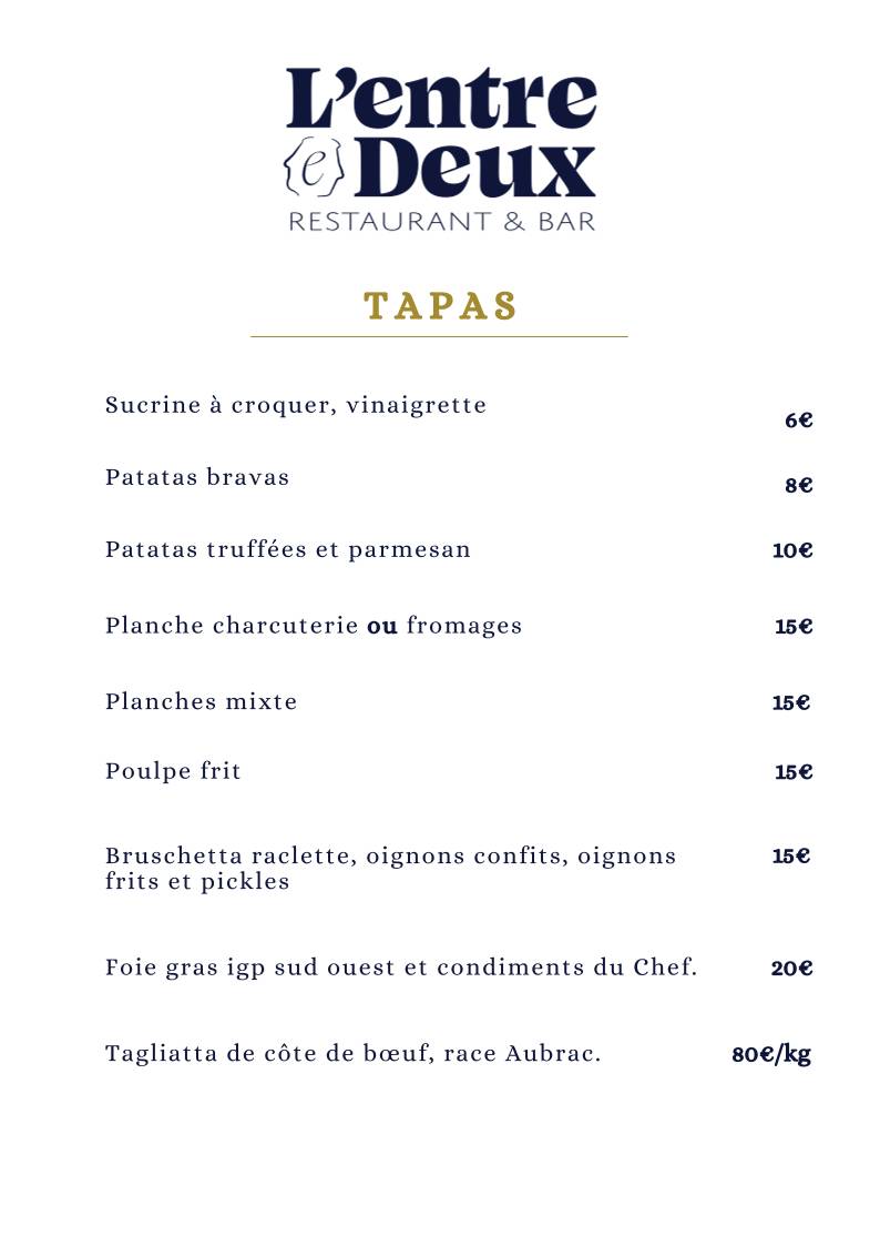 Menu au L' entre deux restaurant, Bizanet