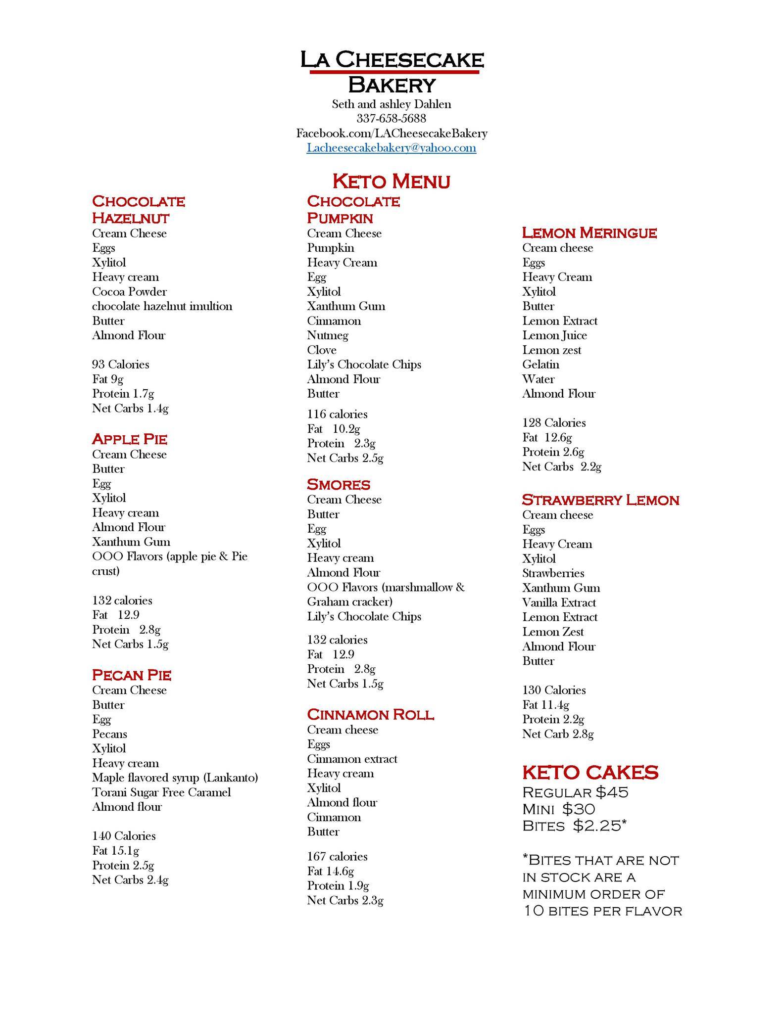 Menu at LA Cheesecake Bakery, Lafayette