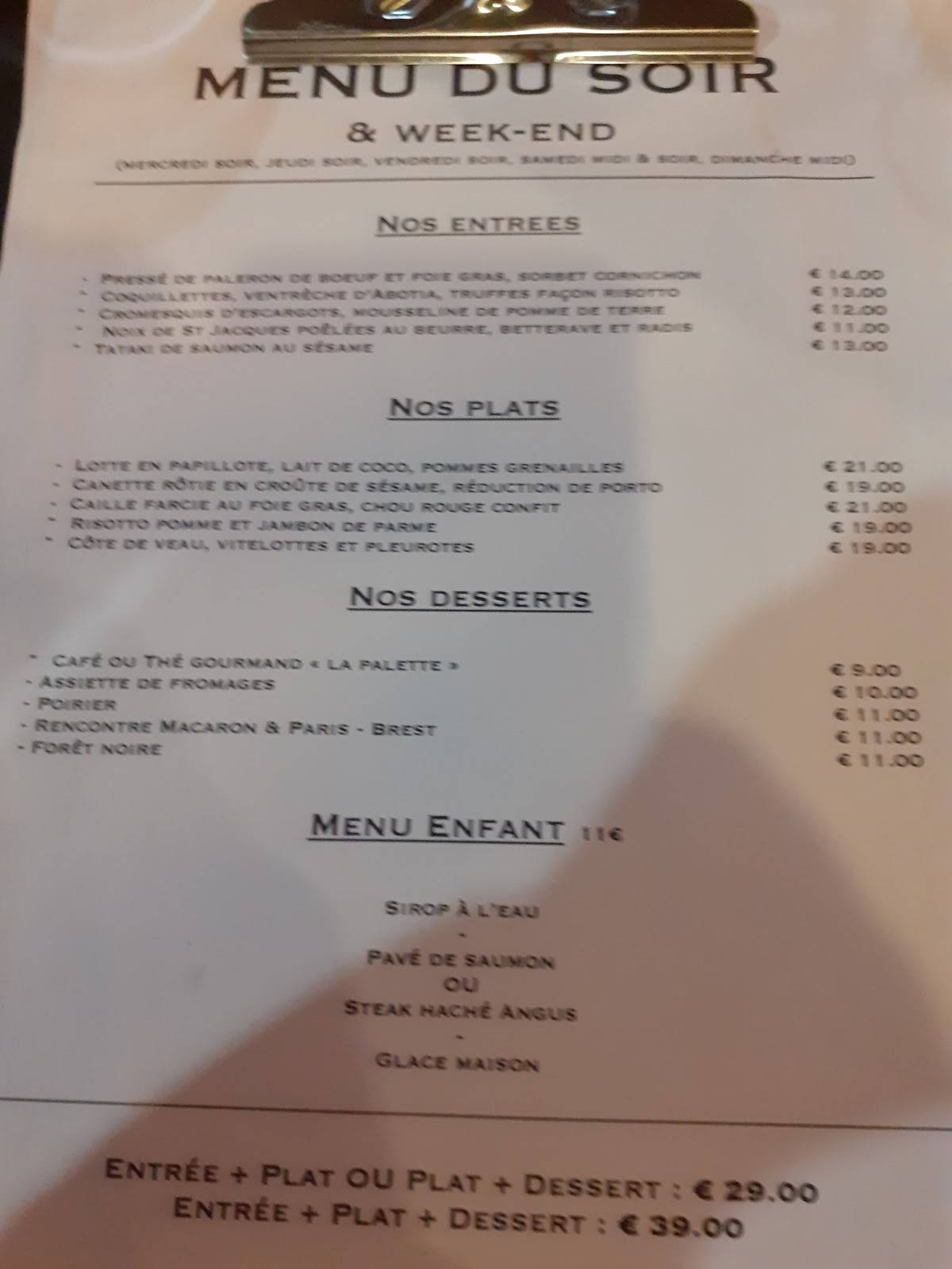Menu au LA PALETTE restaurant, Moret-sur-Loing