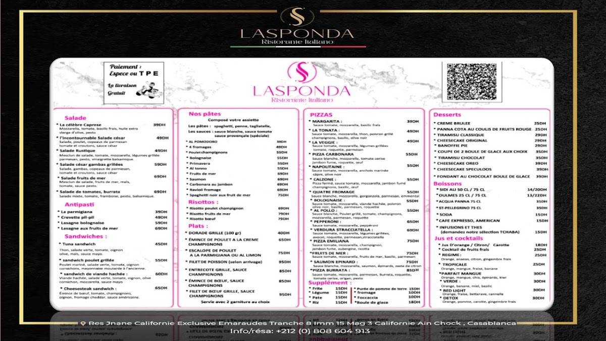 Menu au Restaurant Italien La Sponda, Casablanca