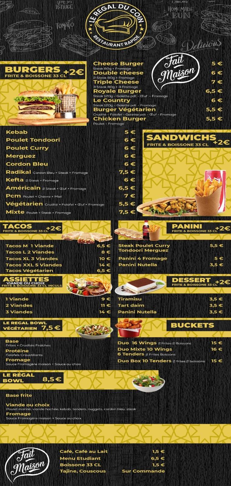 Menu au LE REGAL DU COIN restaurant, Angers