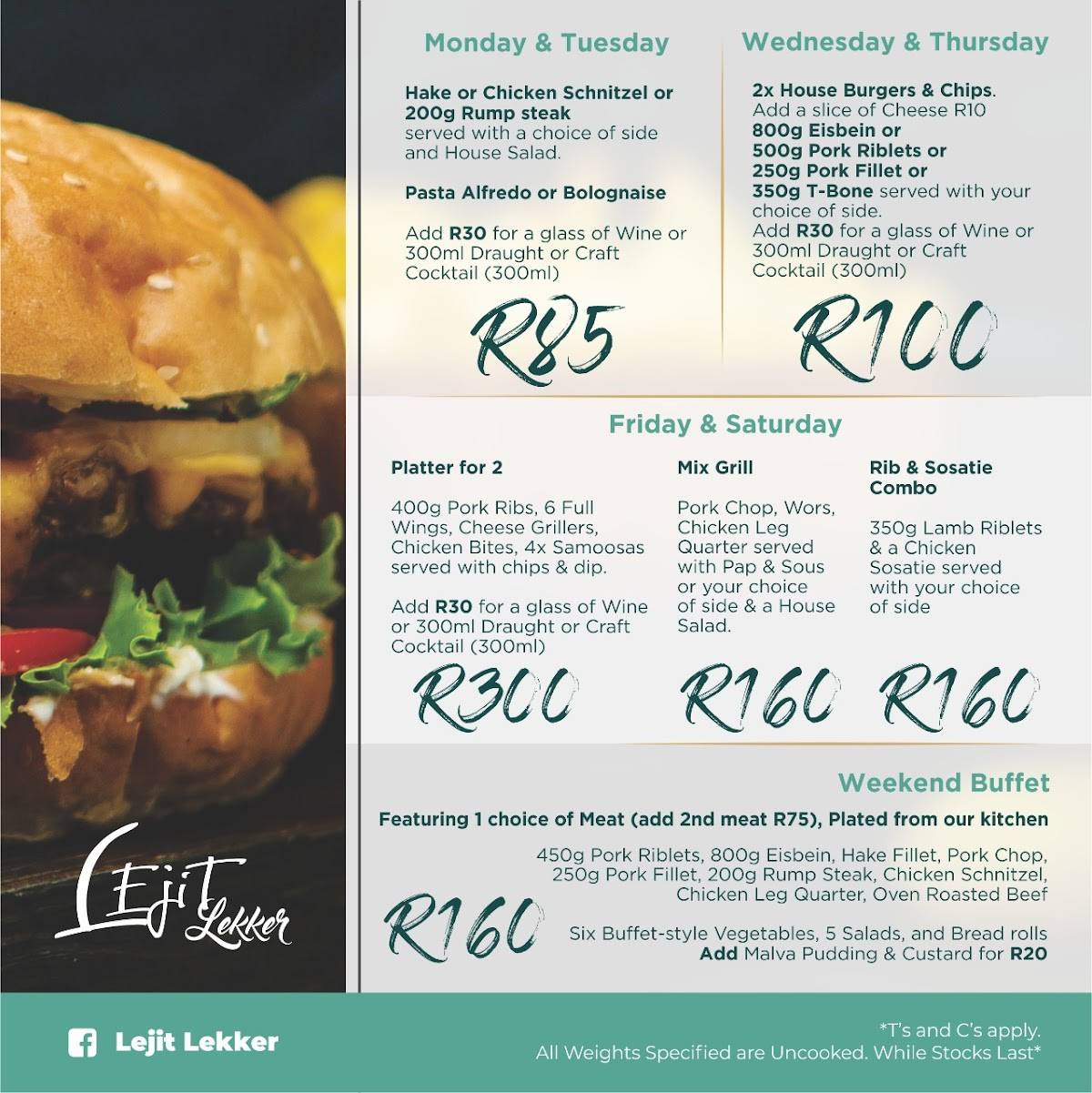 Menu at LEjiT Lekker Restaurant, Bloemfontein, General Hertzog St