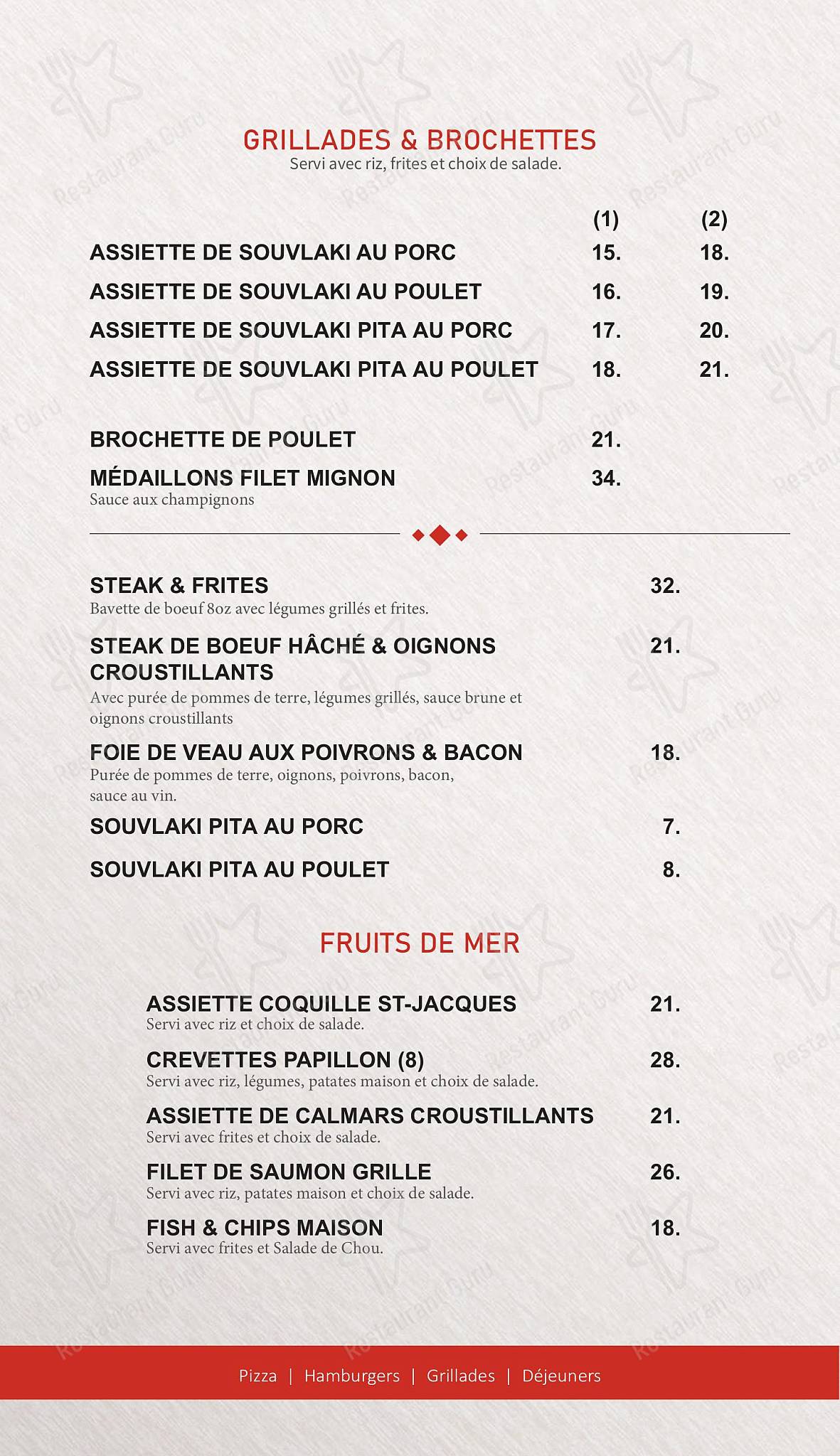 Menu au L'Étoile de Mirabel restaurant, Mirabel, Bd Curé-Labelle