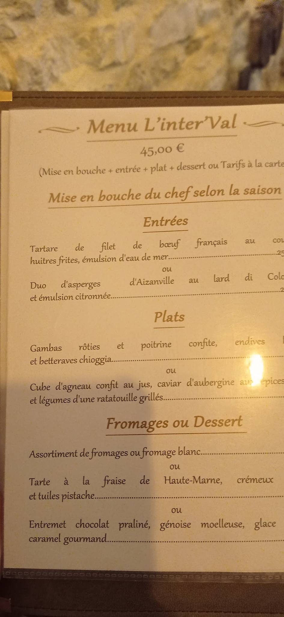 Menu au L'Inter'Val restaurant, Colombey-les-Deux-Églises