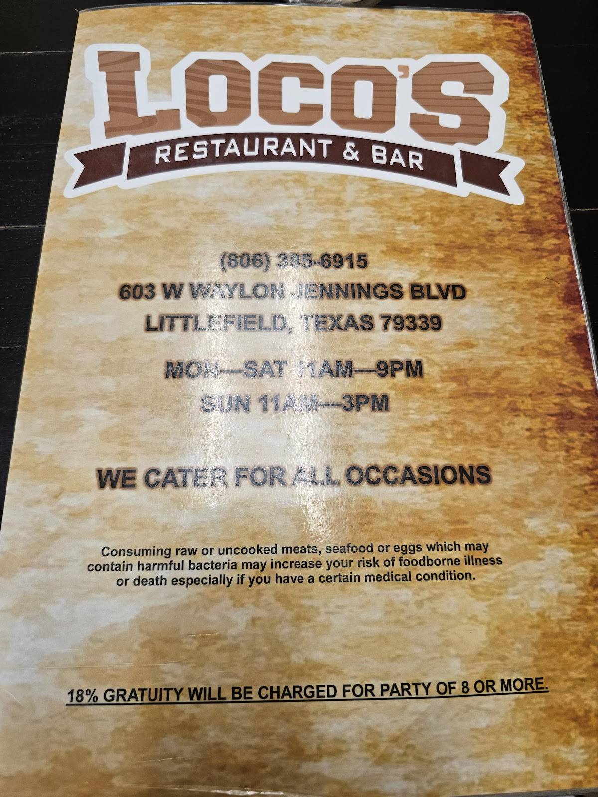 Menu at LOCO'S RESTAURANT & BAR, Littlefield