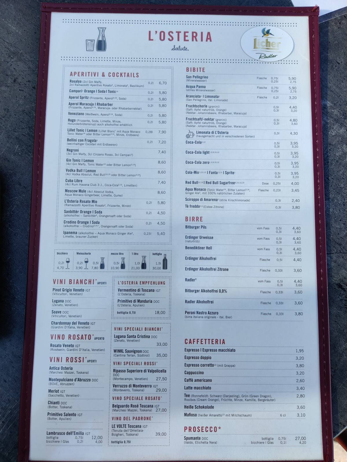 Speisekarte von L'Osteria Limburg restaurant, Limburg an der Lahn