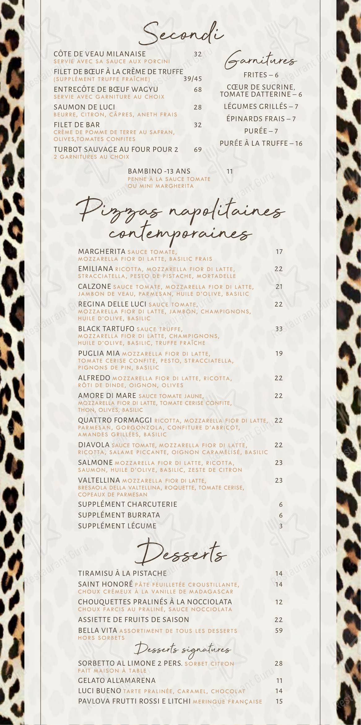 Menu au Luci restaurant, Argenteuil