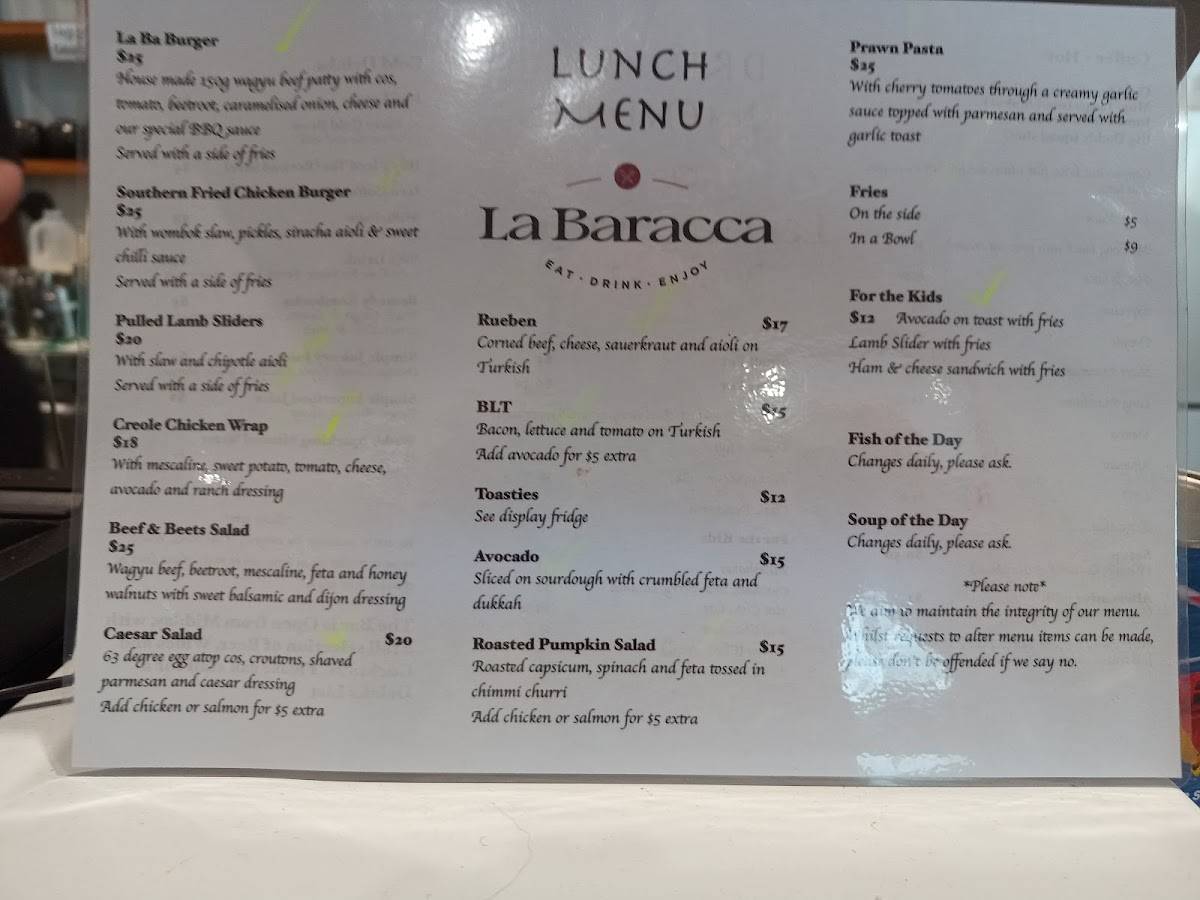 Menu at La Baracca Espresso Bar & Trattoria, Lismore