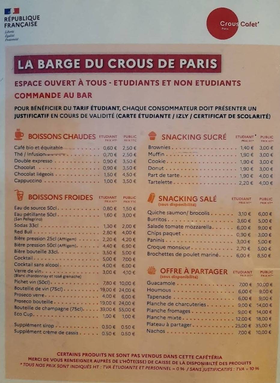 Menu au La Barge du CROUS de Paris - Restaurant universitaire, Paris ...