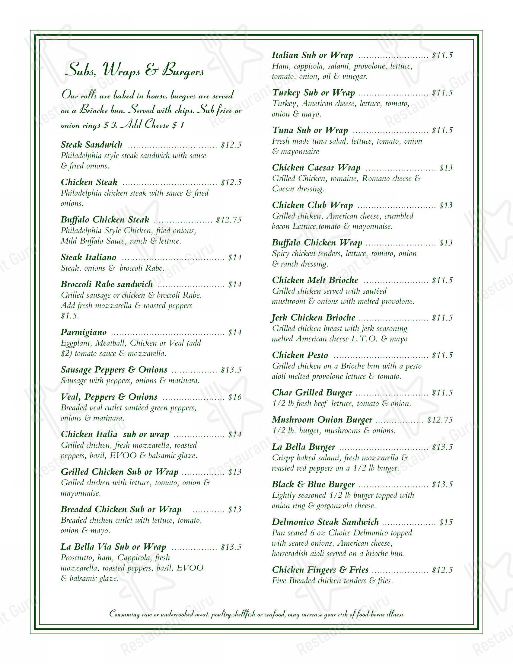 Menu at La Bella Via pub & bar, Phillipsburg