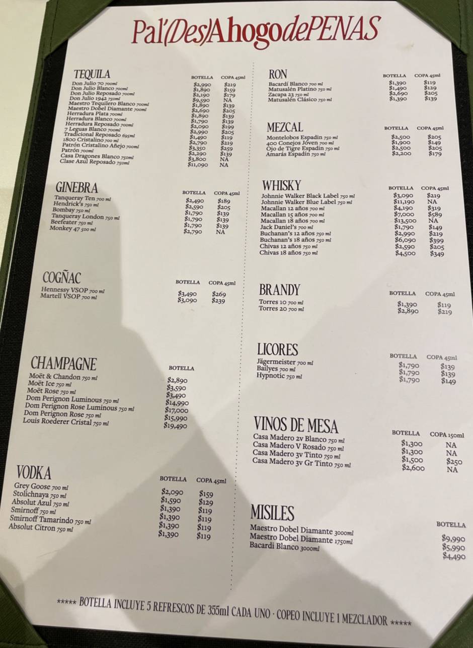 Carta del restaurante Sala del Despecho Aguascalientes, Aguascalientes