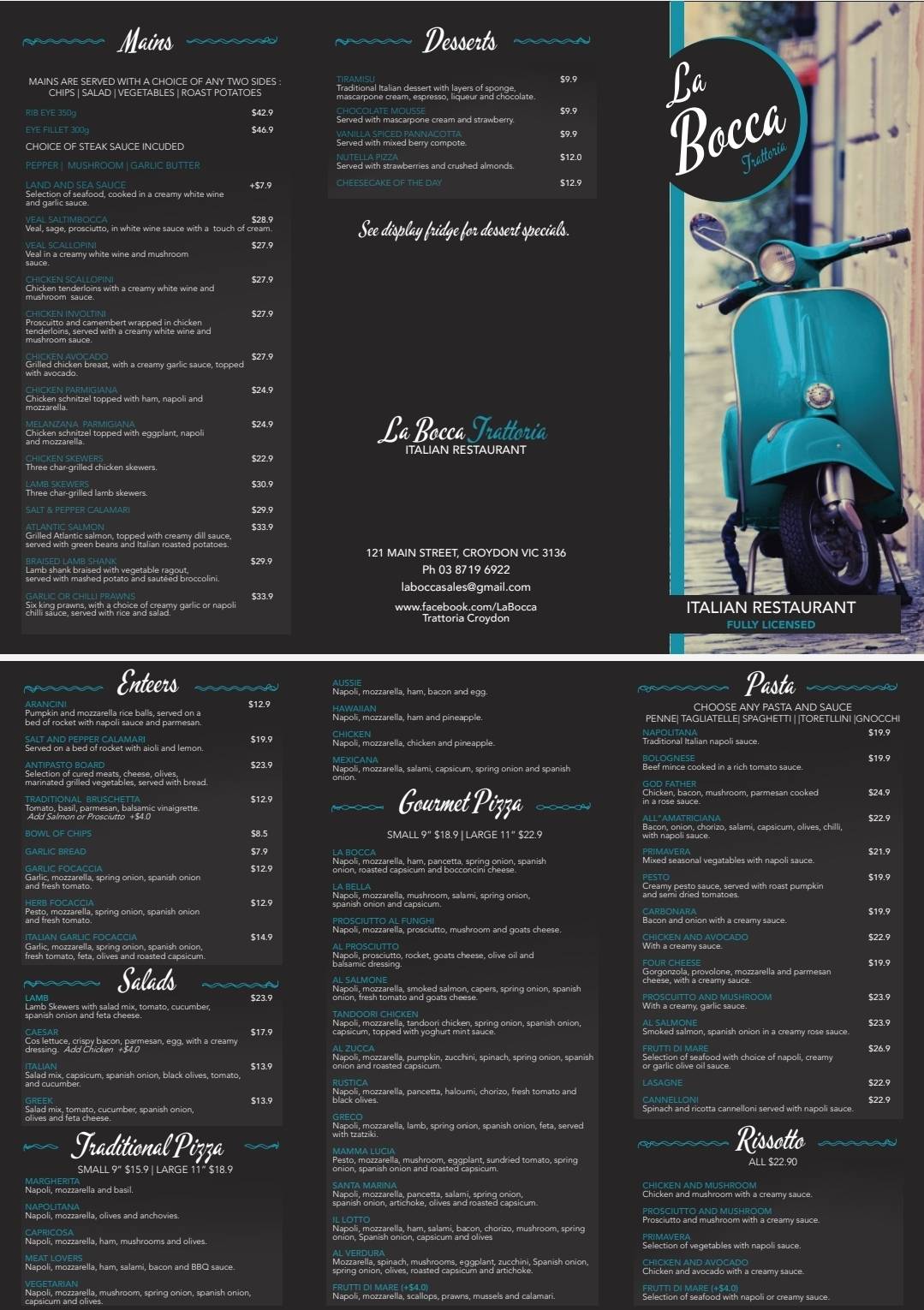 Menu at La Bocca Trattoria restaurant, Croydon