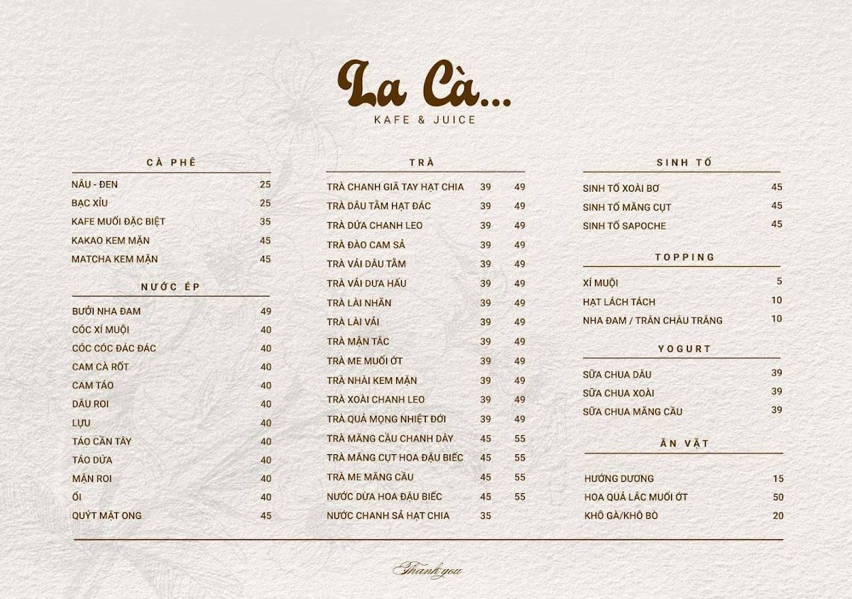 Menu at La Cà Kafé & Juice, Hanoi