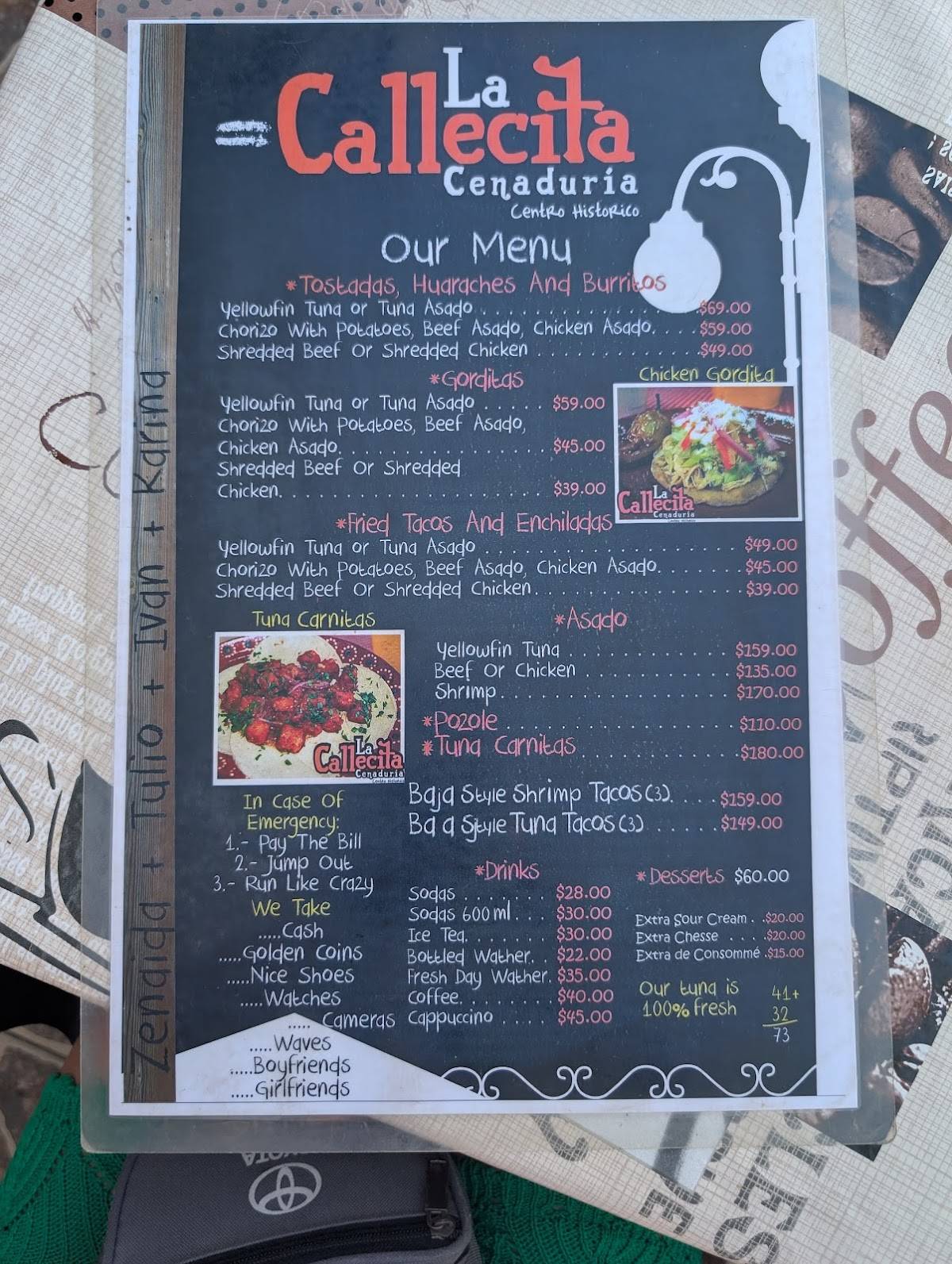 Menu at La Callecita Cenaduría restaurant, Mazatlán