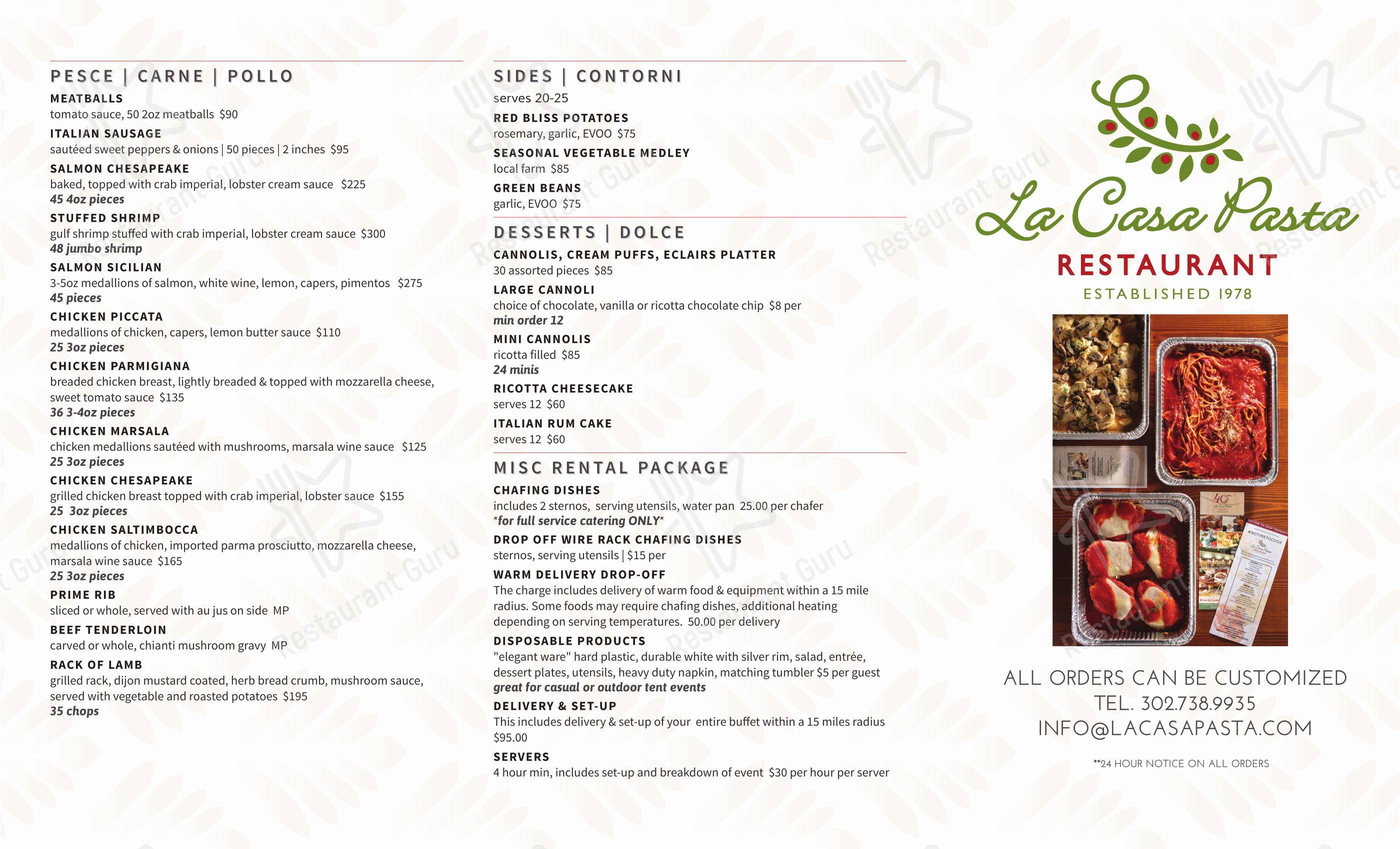 Menu at La Casa Pasta Restaurant, Newark, 120 Four Seasons Pkwy