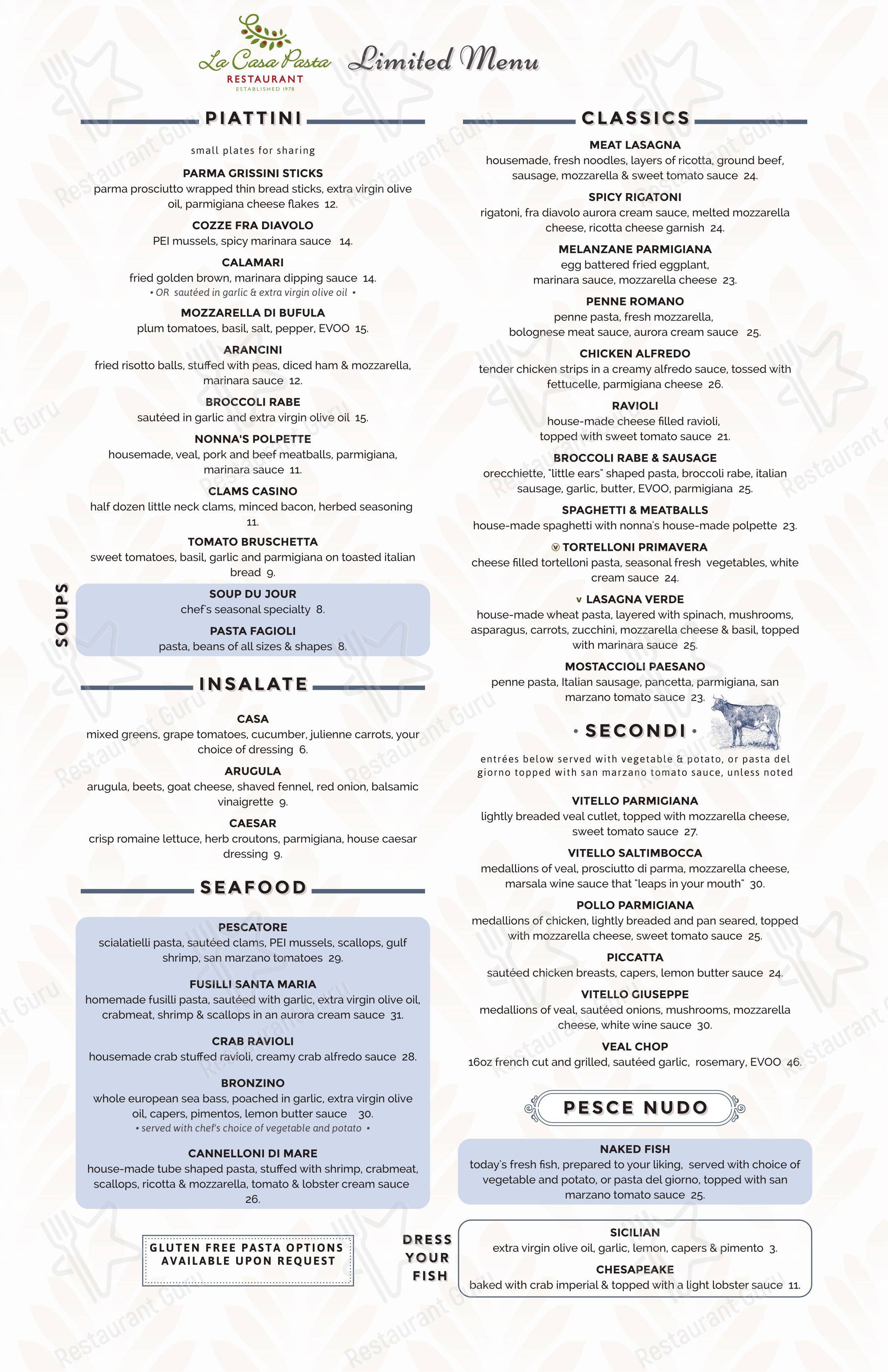 Menu at La Casa Pasta Restaurant, Newark, 120 Four Seasons Pkwy