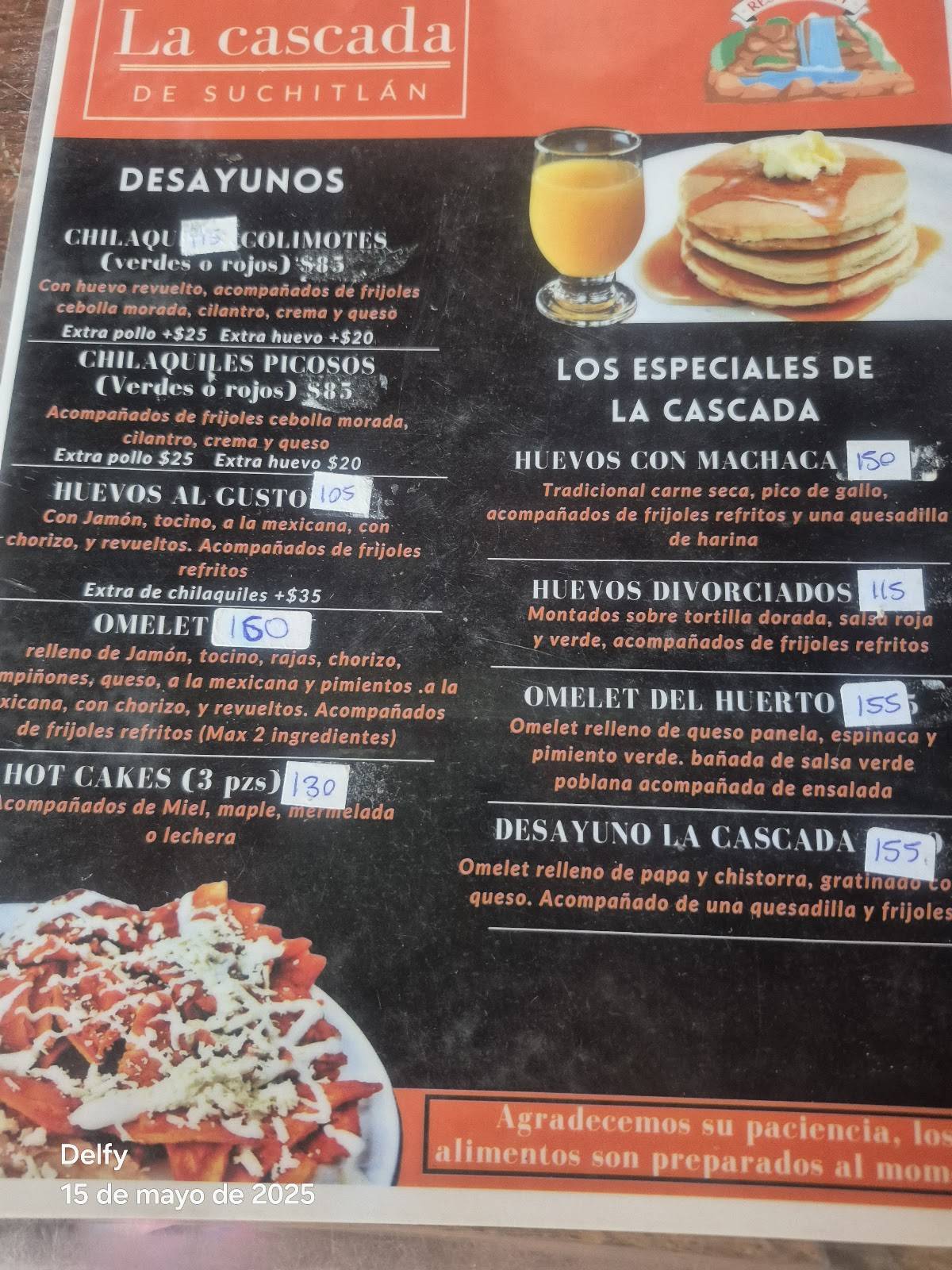 Carta del restaurante La Cascada del Suchitlán, Suchitlán