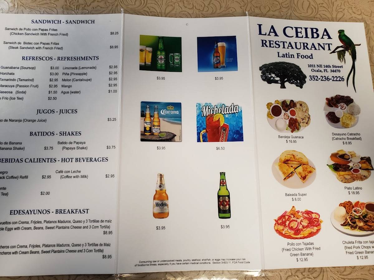 Carta de La Ceiba Latin Food Restaurant, Ocala, SW 19th Avenue Rd Suite 103